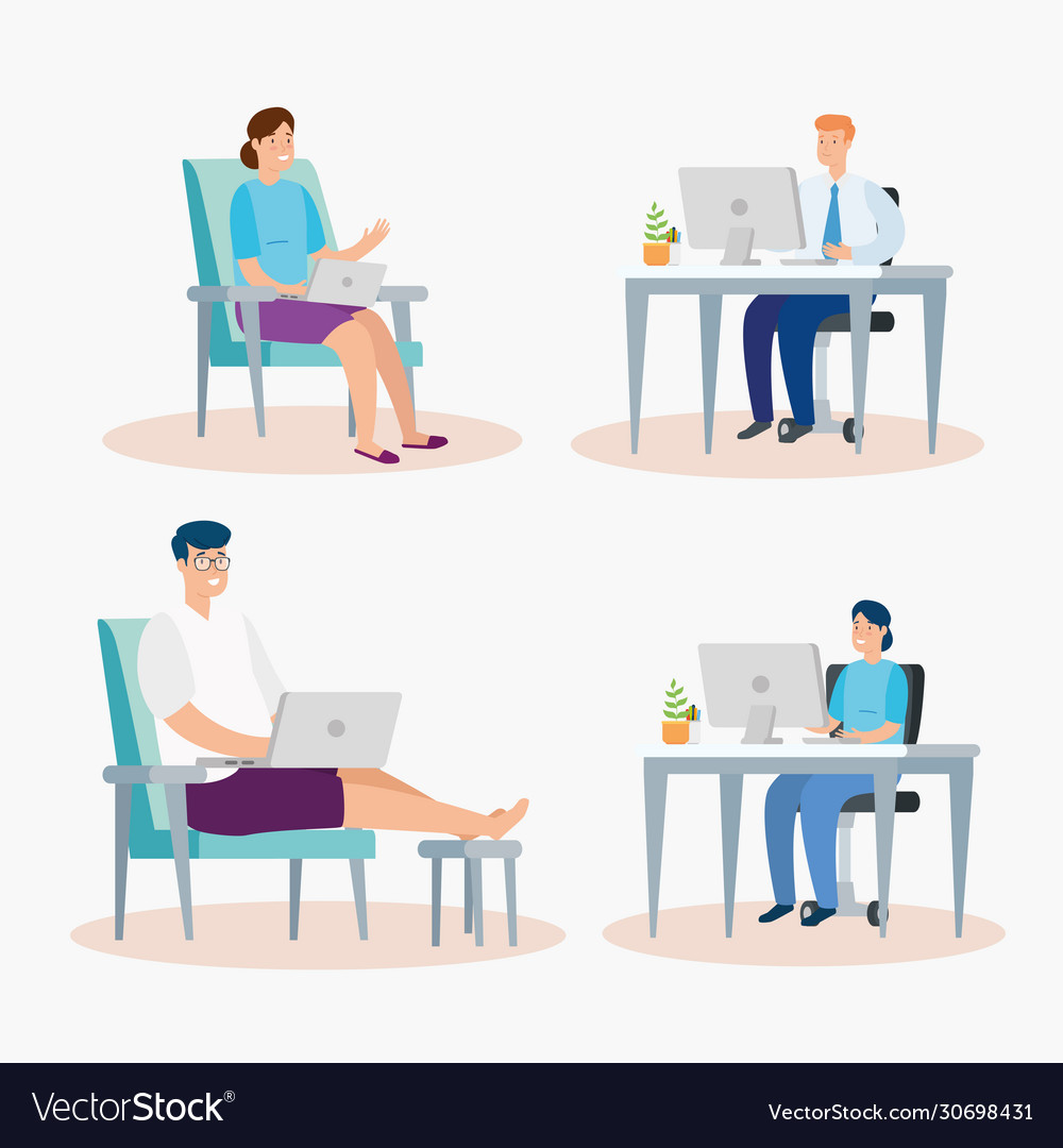 Set scenes young people with computers Royalty Free Vector