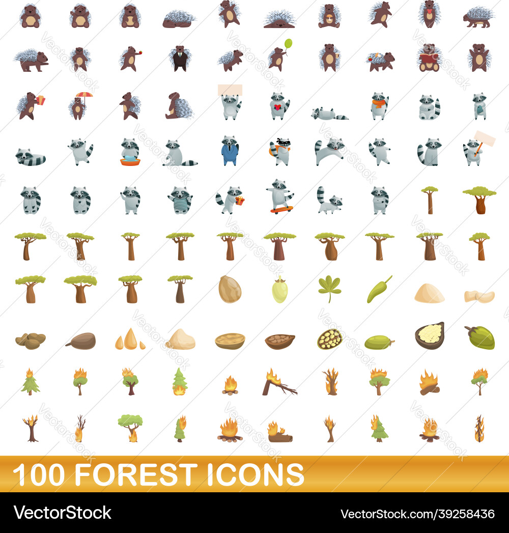 100 forest icons set cartoon style Royalty Free Vector Image