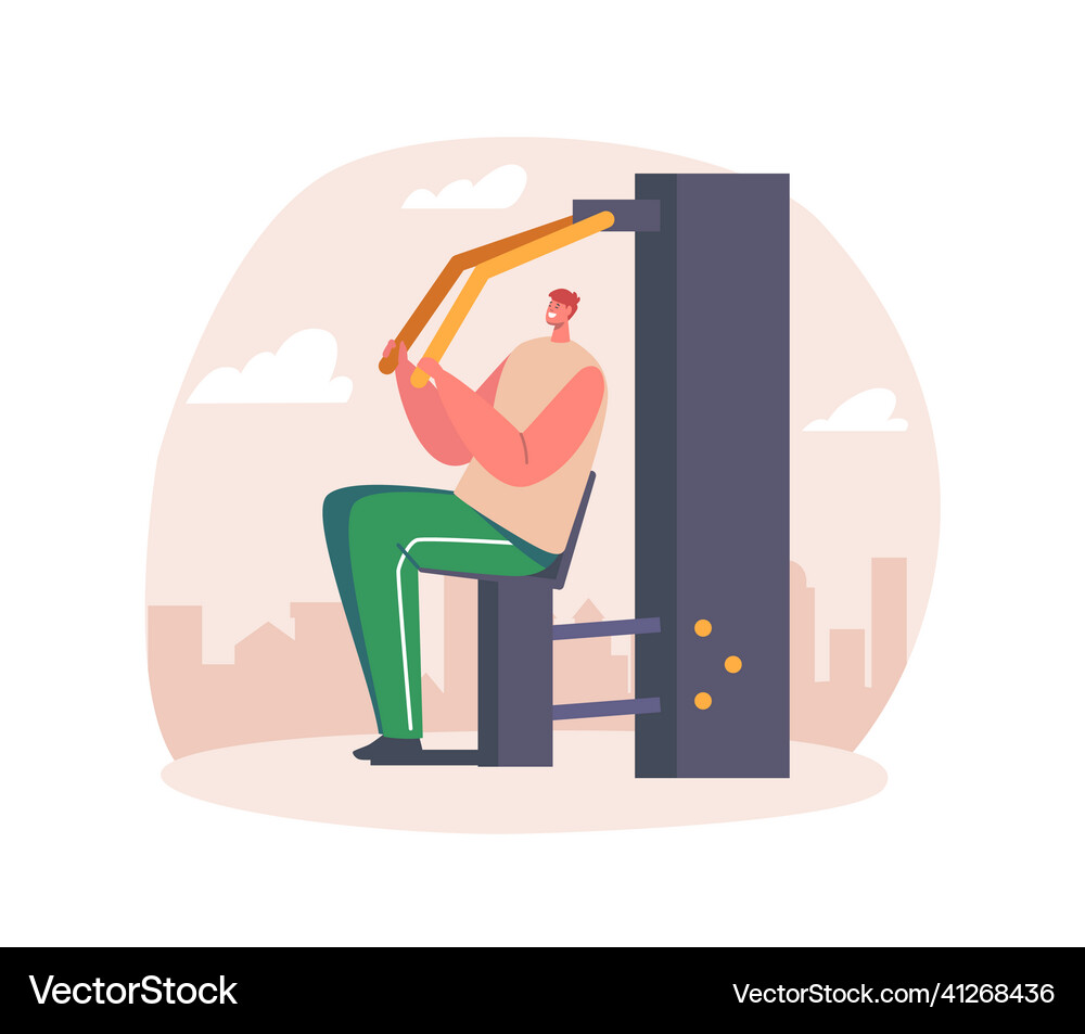 Man bodybuilder pumping muscles in house yard Vector Image