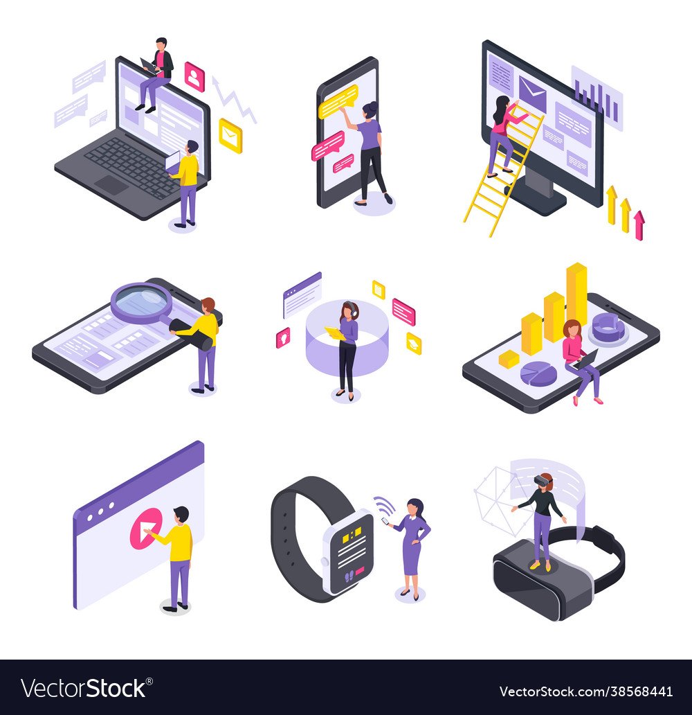 Isometric user interface people interacting Vector Image