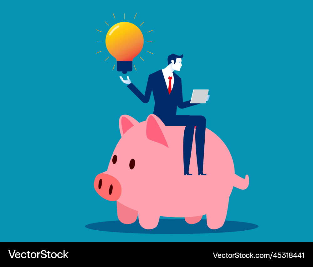 Person on piggy bank and finding idea develop Vector Image