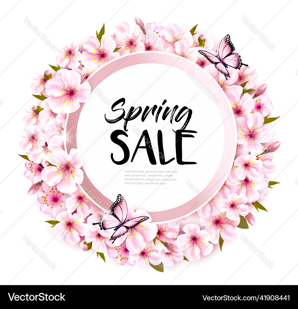 Spring sale background with pink blooming sakura Vector Image