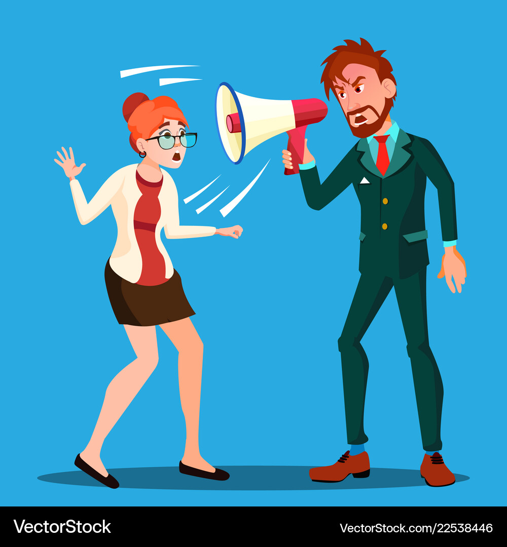 Angry boss man screaming in megaphone at scared Vector Image