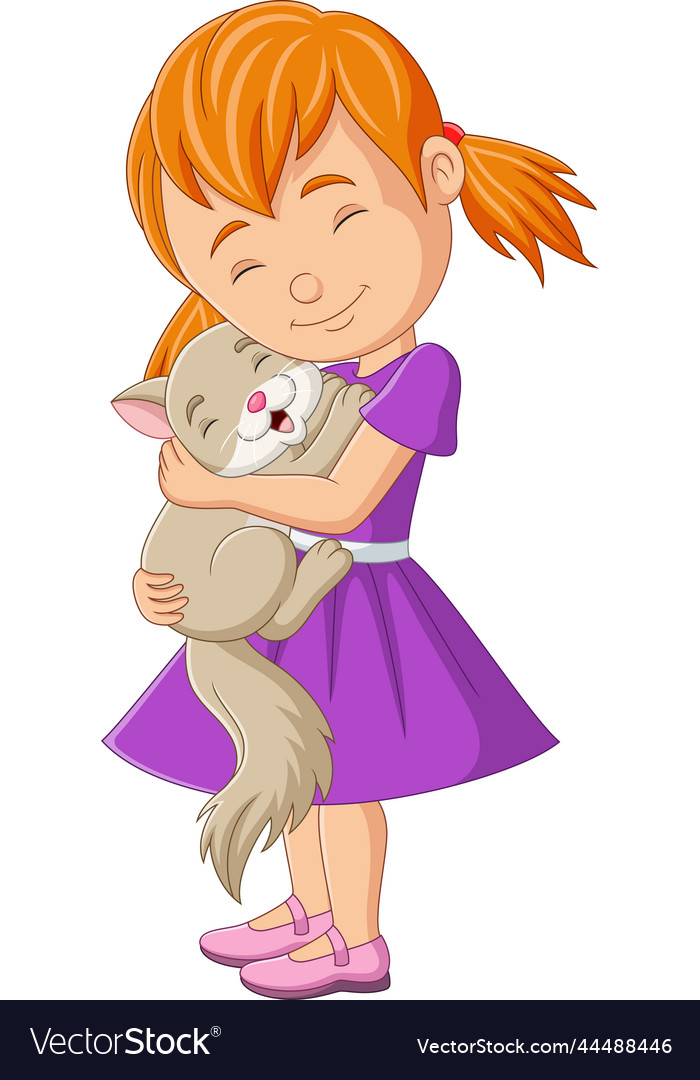 Cartoon little girl hugging her cat Royalty Free Vector
