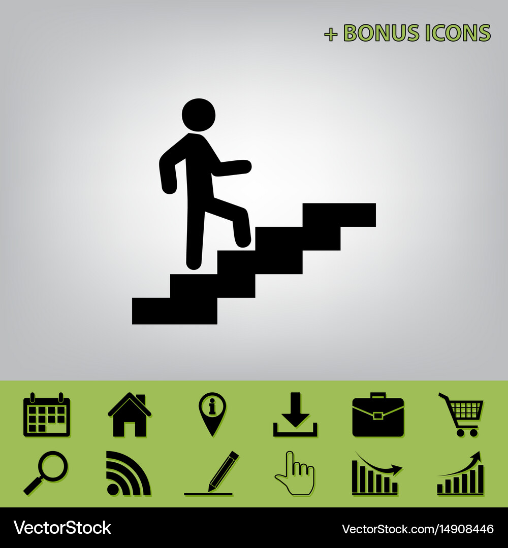 Man on stairs going up black icon at gray Vector Image