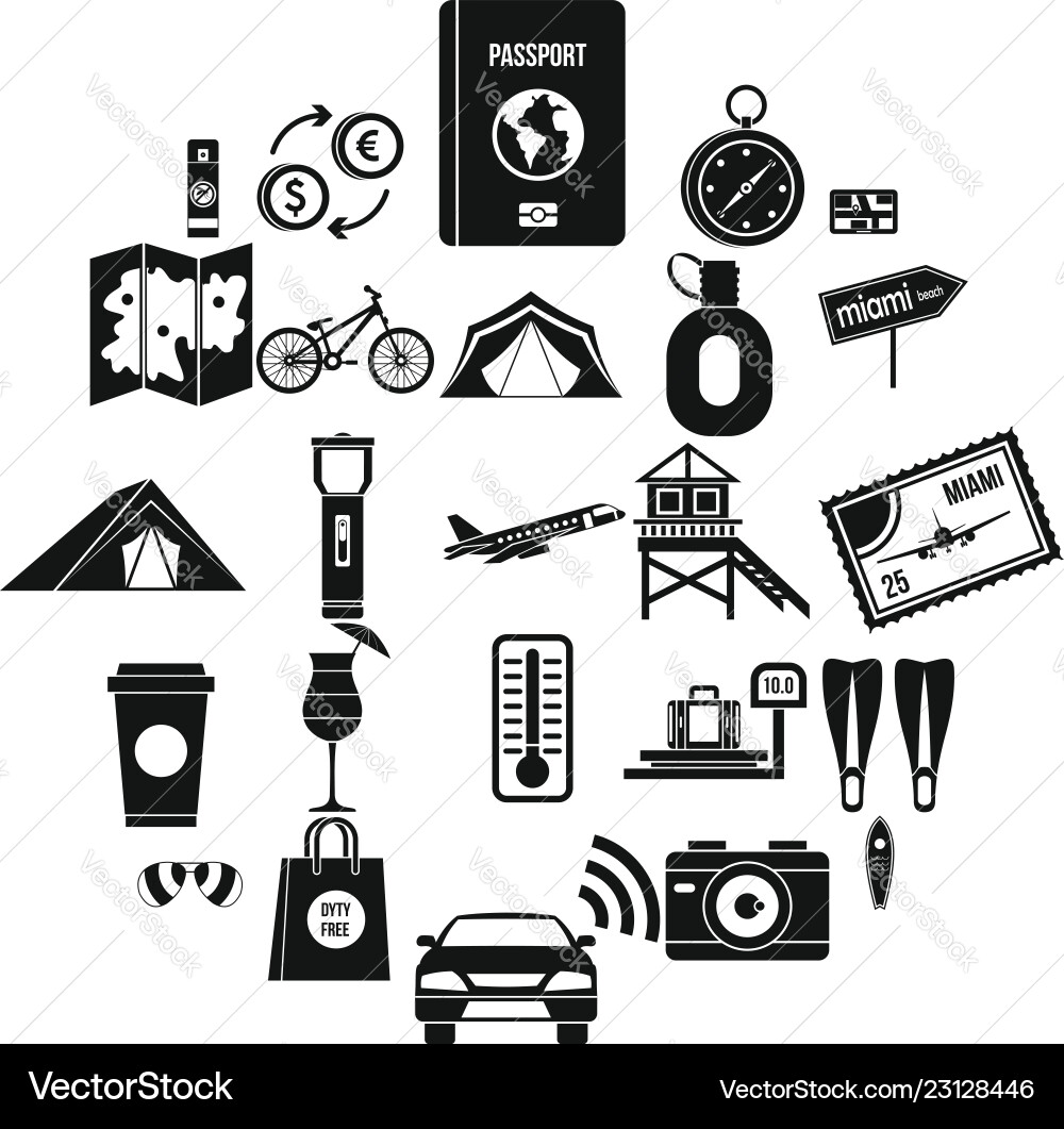 Tourist trip icons set simple style Royalty Free Vector