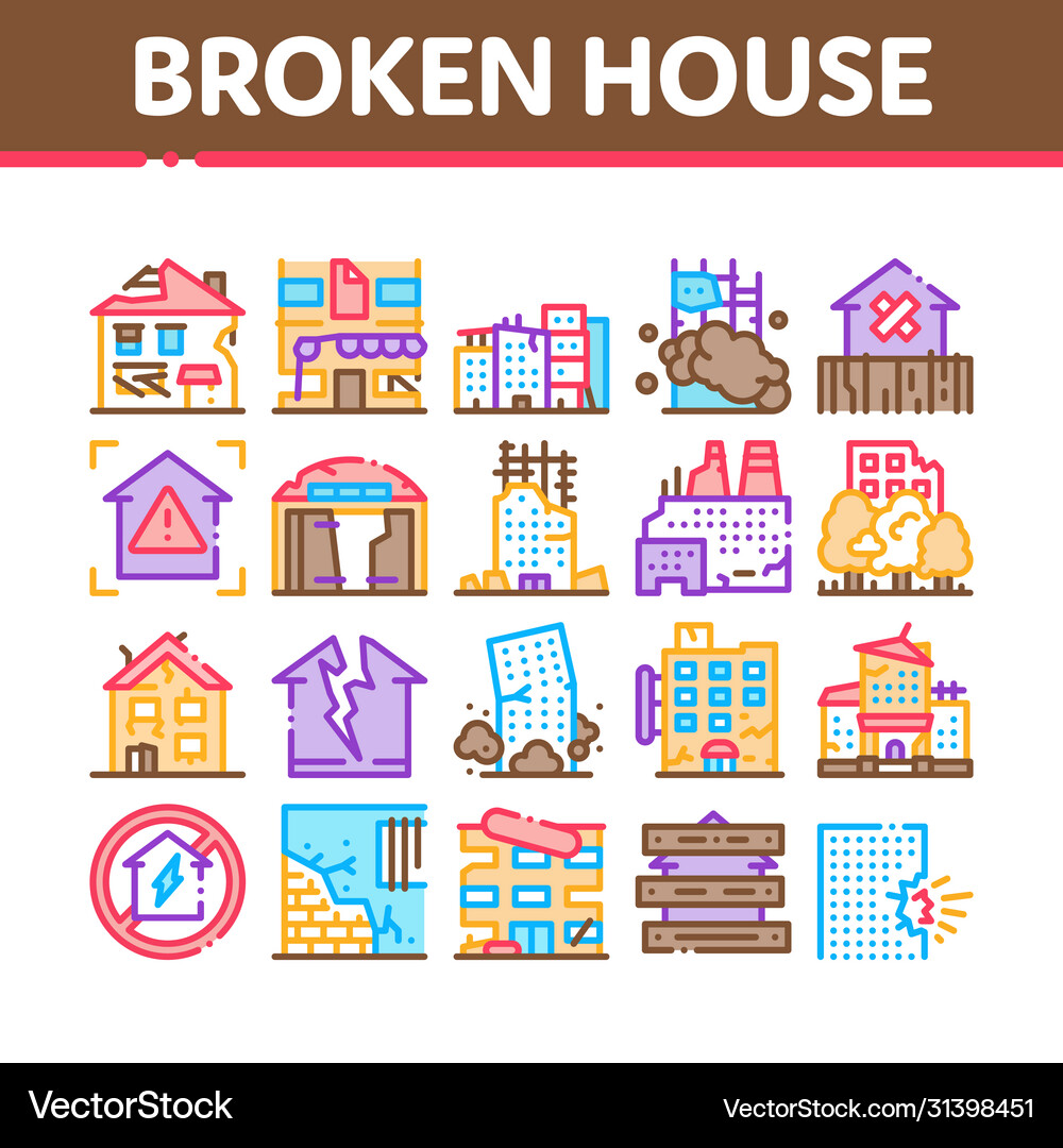 Broken house building collection icons set Vector Image