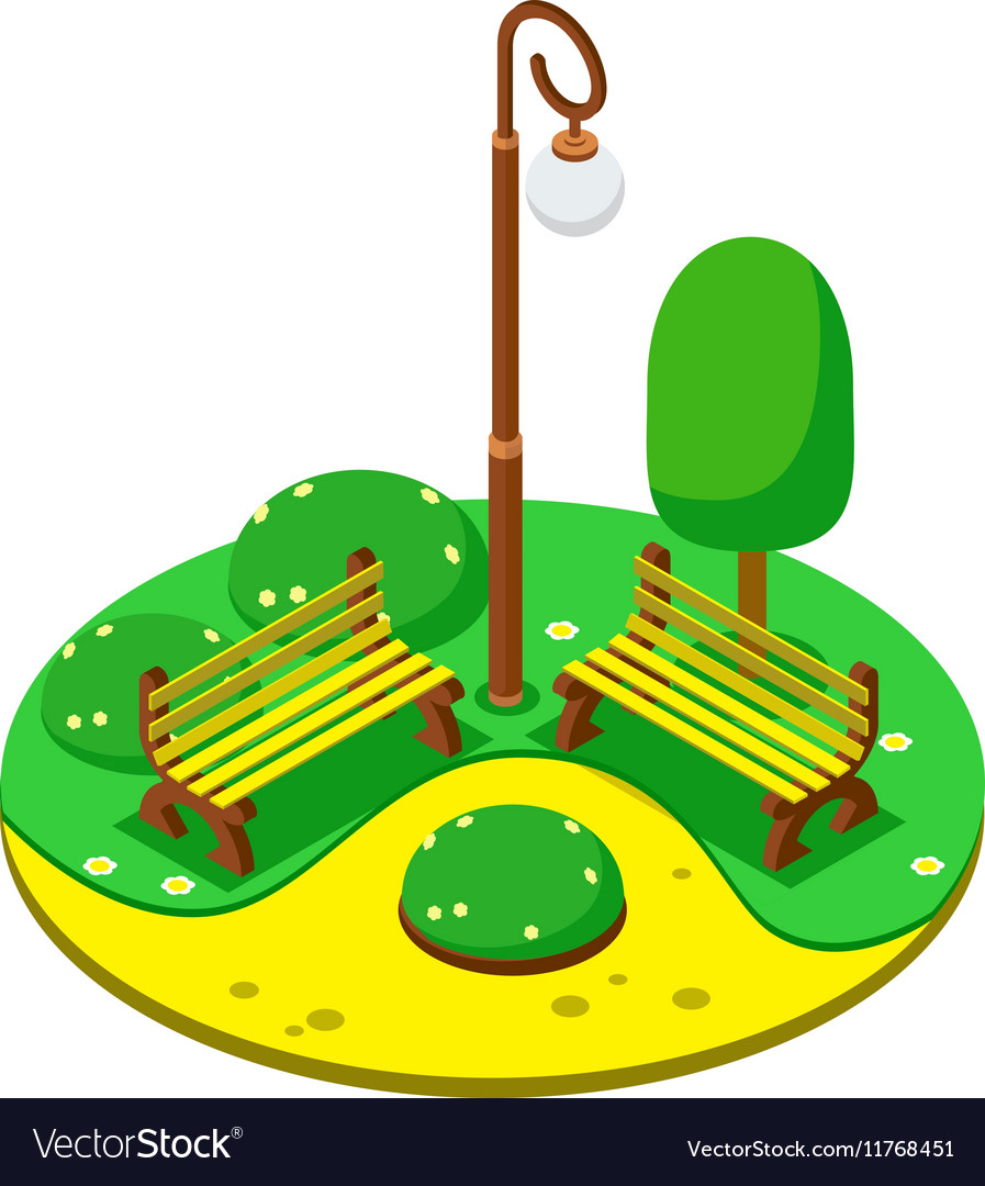 Isometric Park yellow benches lantern Royalty Free Vector