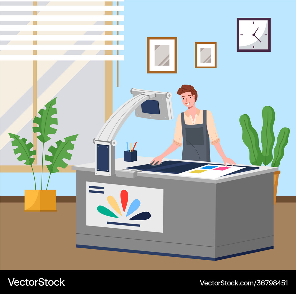 Man printing at plotter wide format printshop Vector Image