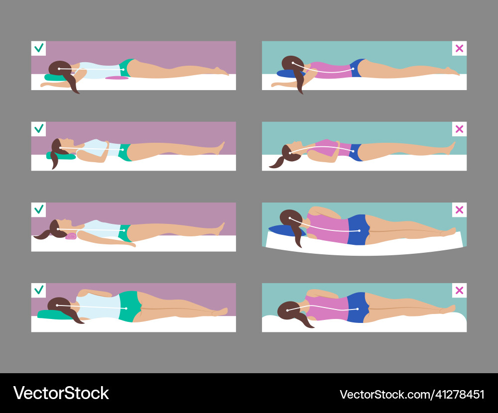 Sleeping poses bad and correct anatomy for laying Vector Image