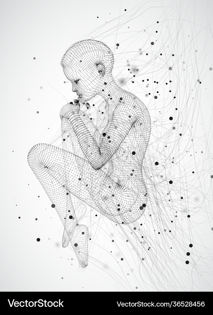 3d girl from dots and splines among wavy threads Vector Image