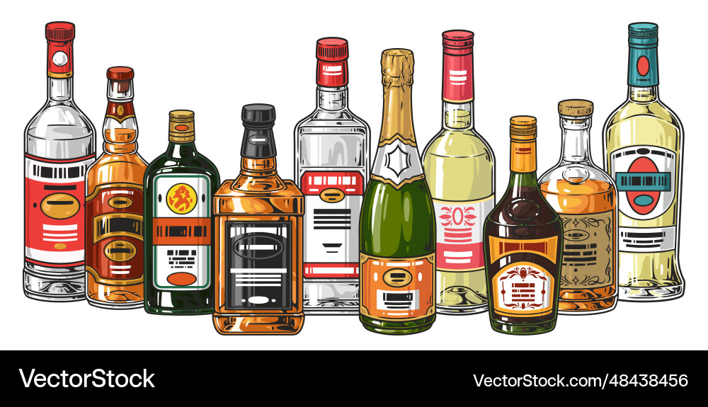 Bottles alcoholic beverages colorful sticker Vector Image