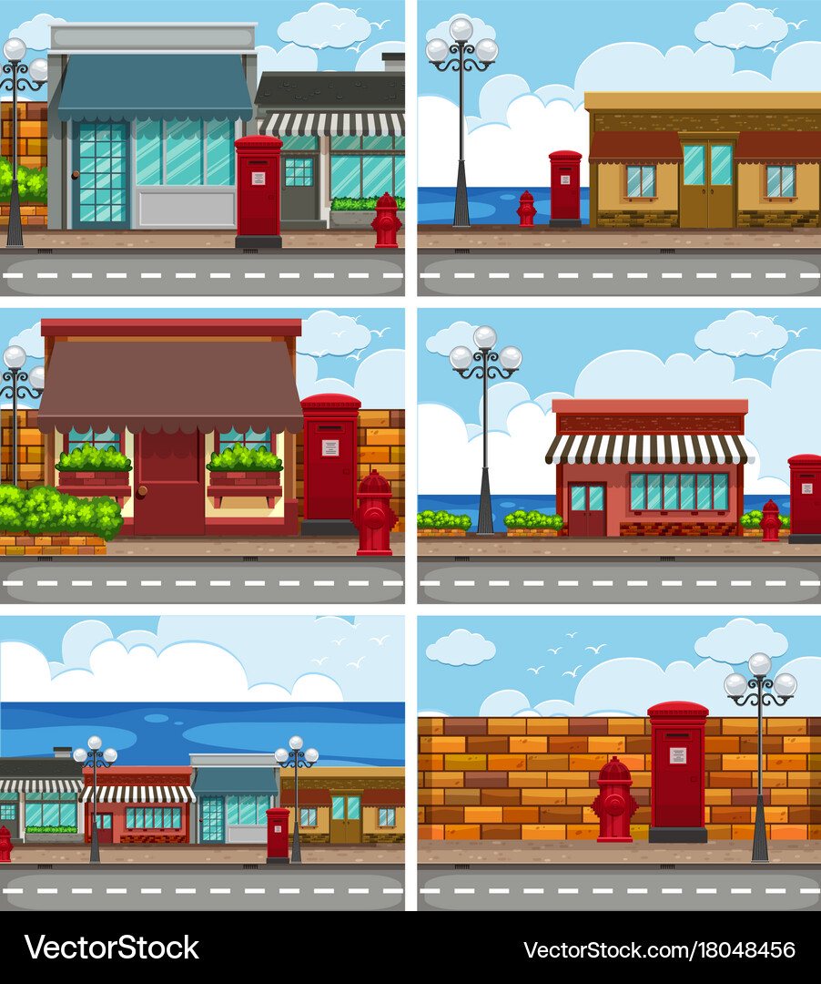 Six scenes with shops along the road Royalty Free Vector