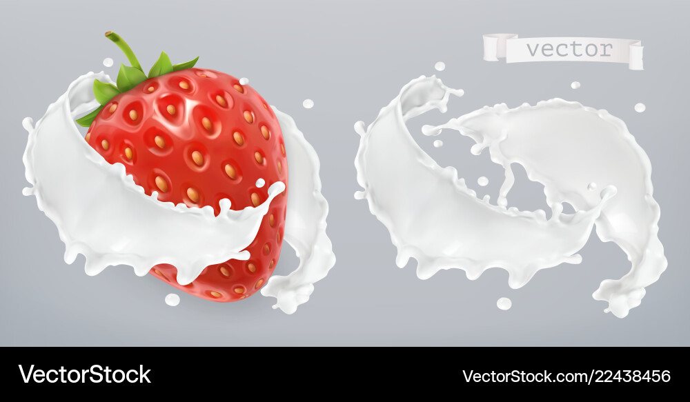 Yogurt milk splash with strawberry set 3d Vector Image