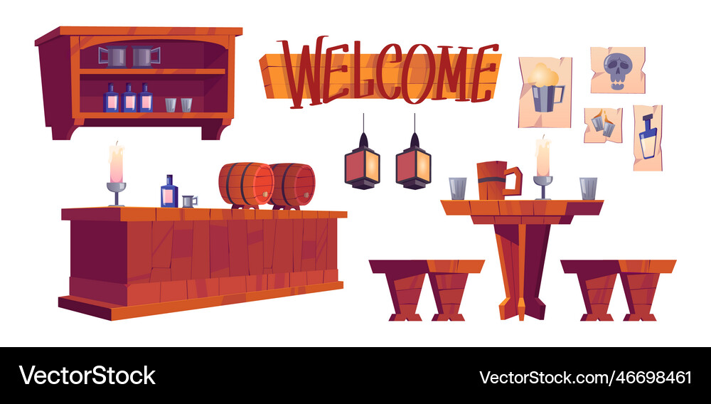 Beerhouse or bar interior cartoon set Royalty Free Vector