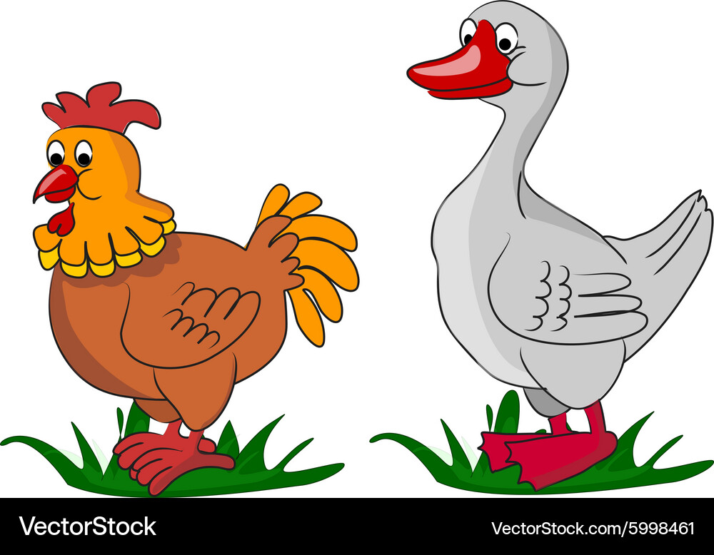 Cartoon goose and chicken on grass Royalty Free Vector Image