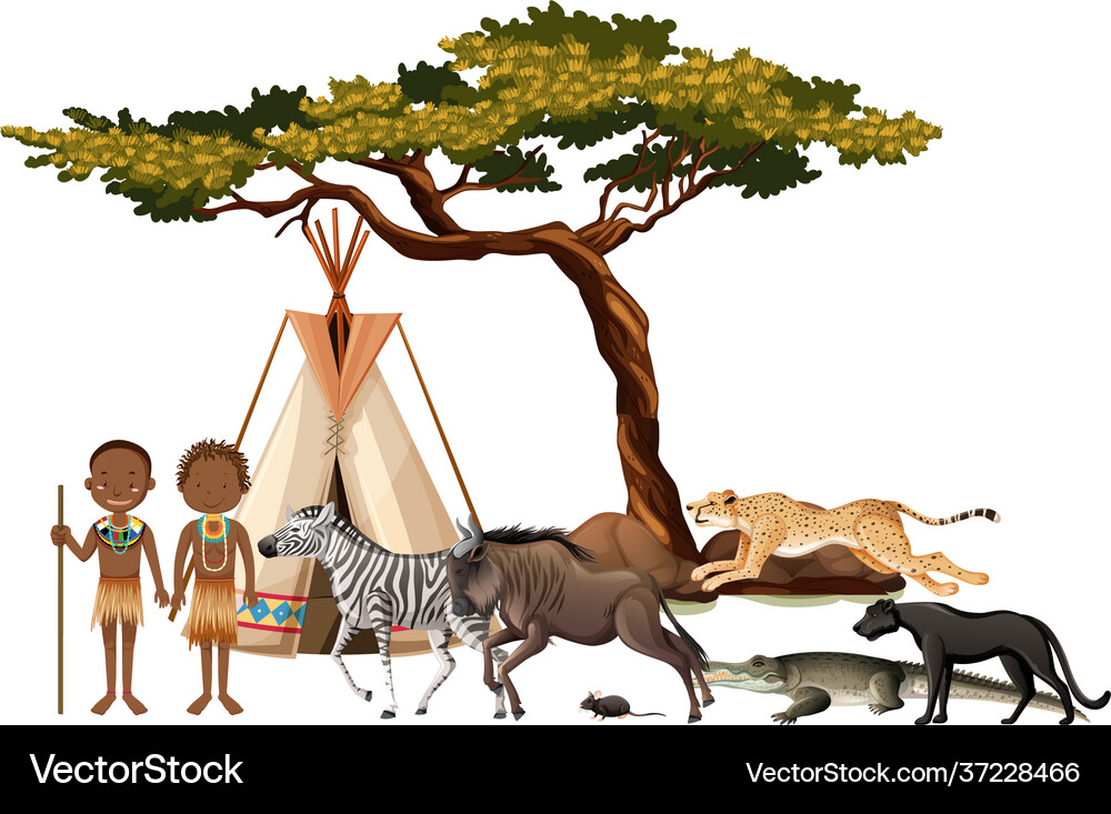 African tribe with group wild animal Royalty Free Vector