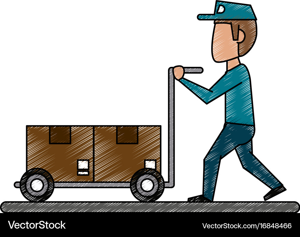 Colorful man carrying box doodle over white Vector Image