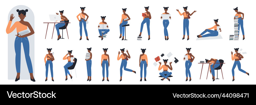 Black girl student poses set actions and gestures Vector Image