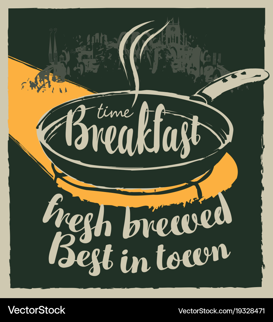 Breakfast banner with inscriptions and frying pan Vector Image