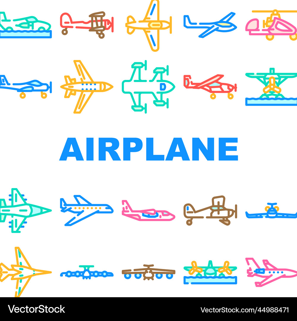 Plane flight travel aircraft icons set Royalty Free Vector