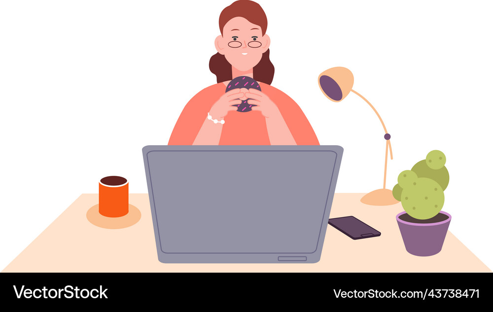 Woman on coffee eating donut at computer Vector Image
