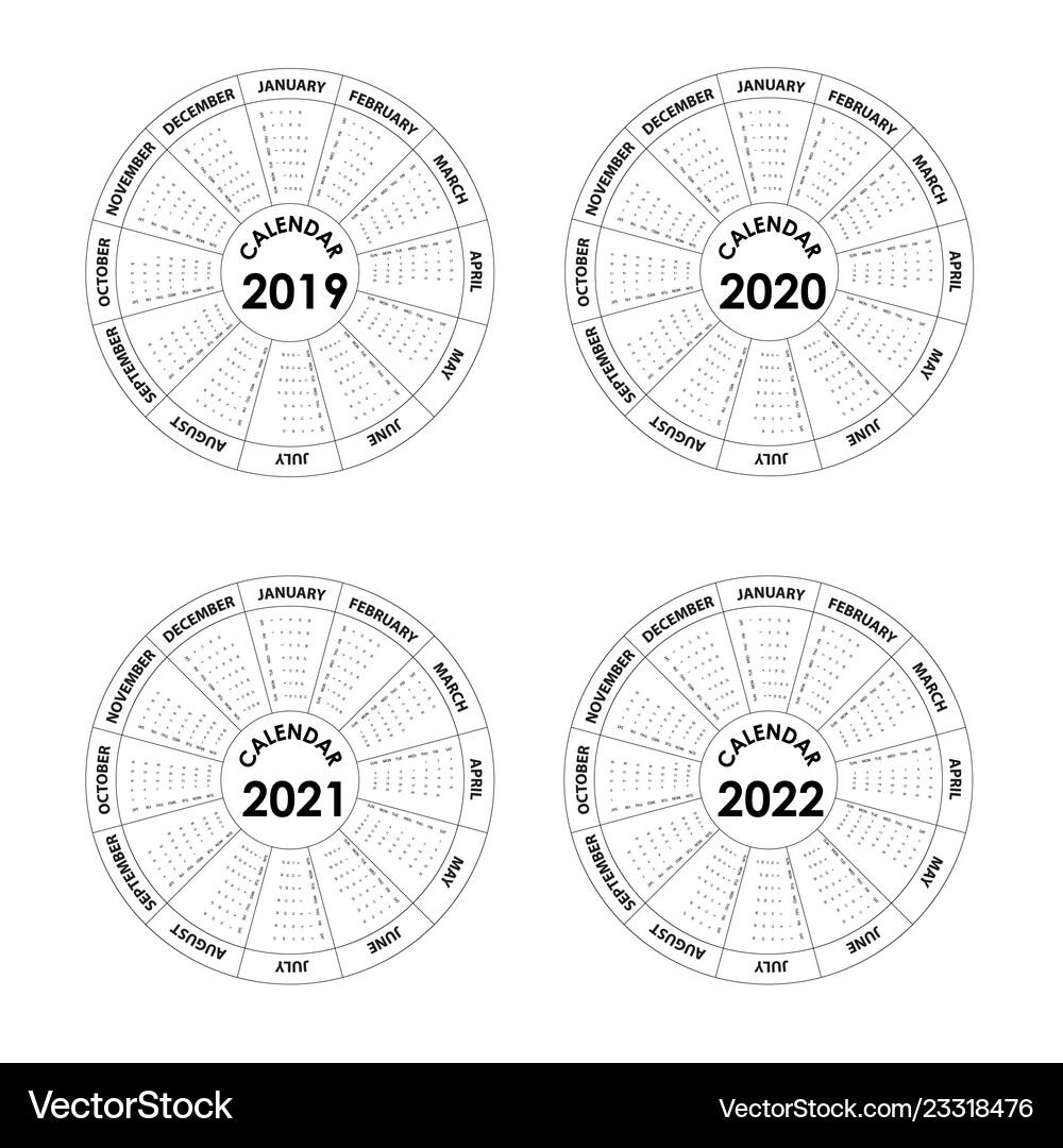 Calendar 2019 2020 2021 and 2022 Royalty Free Vector Image