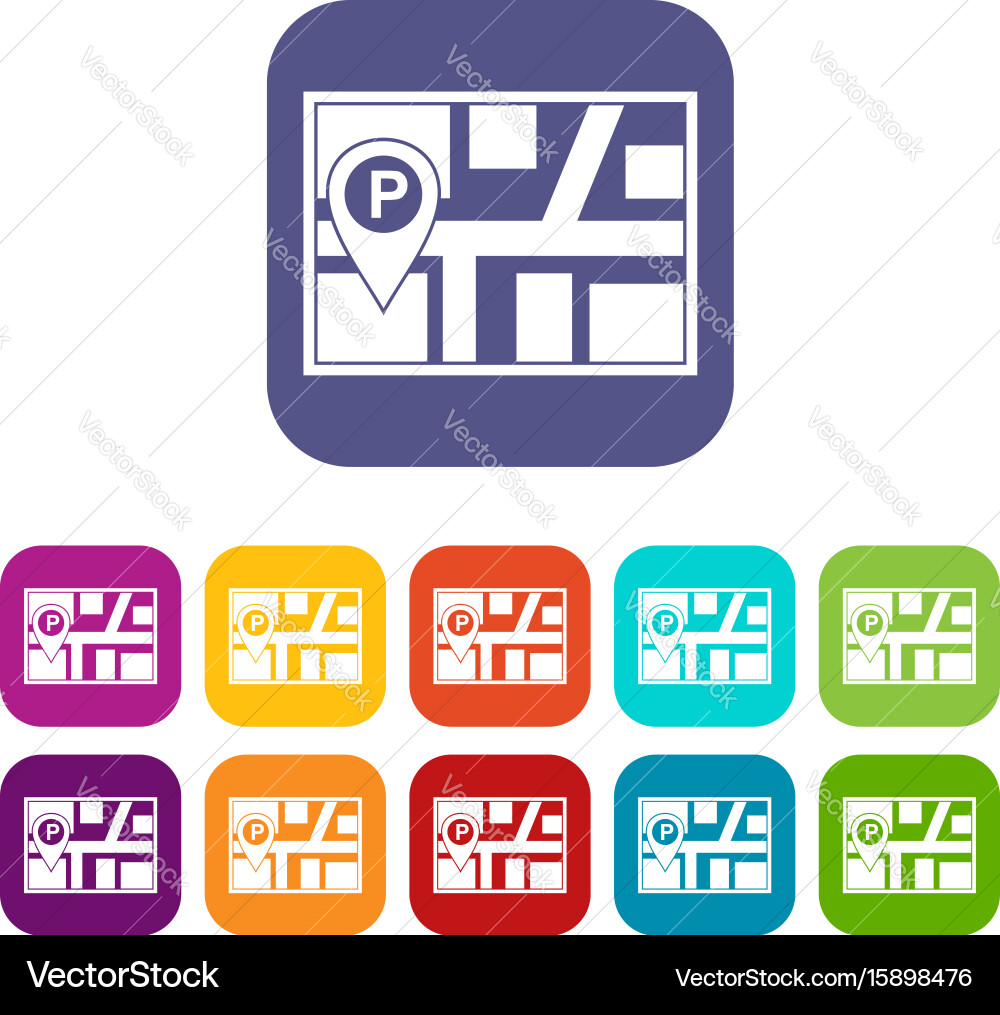 Map with car parking pointer icons set Royalty Free Vector
