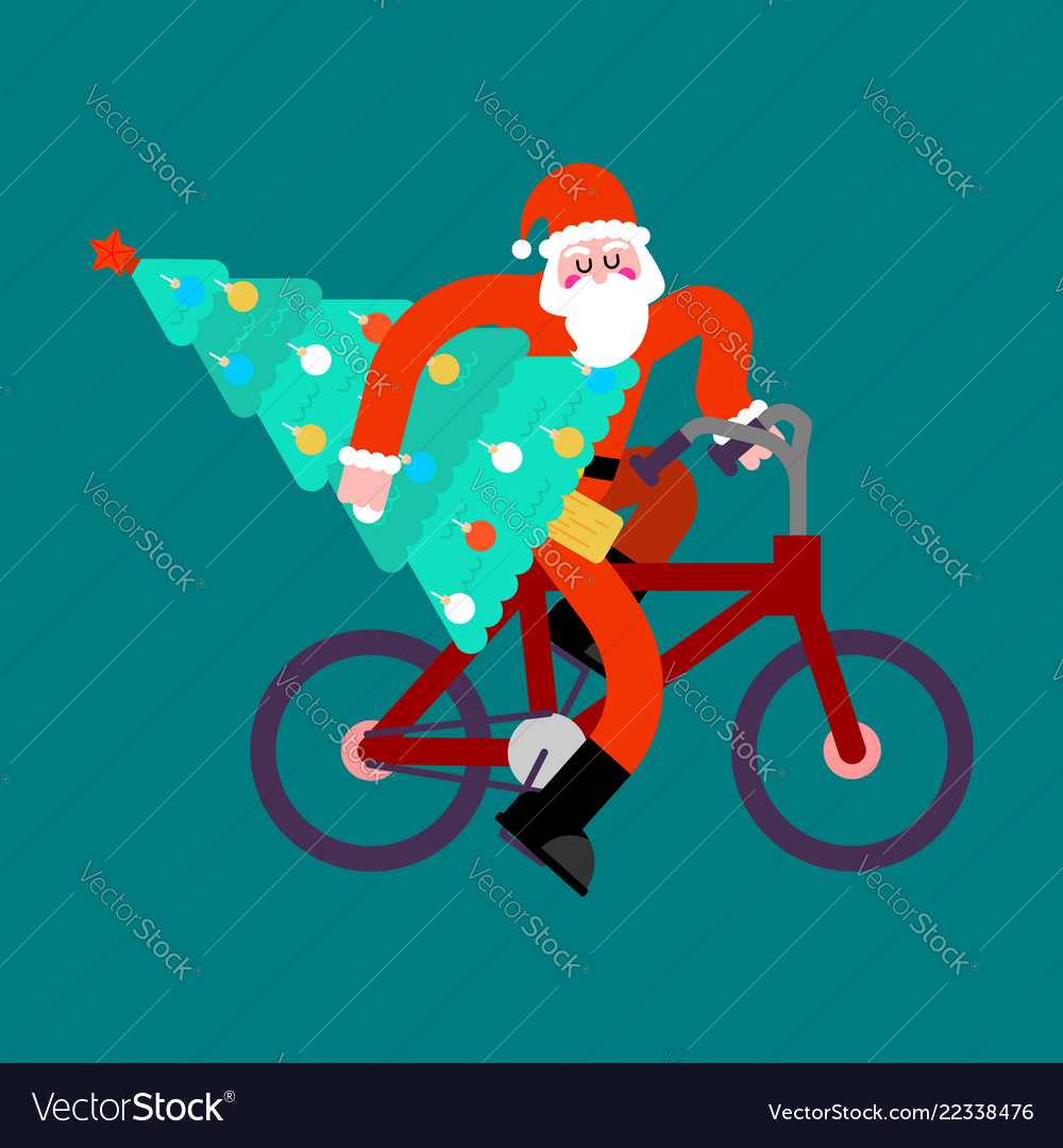 Santa claus on bicycle and christmas tree happy Vector Image