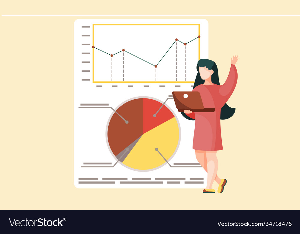 Woman with laptop standing near data report Vector Image