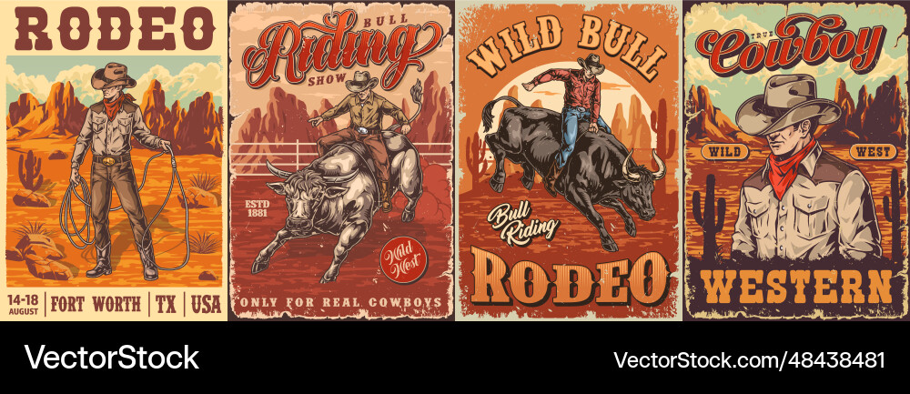 Cowboy rodeo set flyers colorful Royalty Free Vector Image