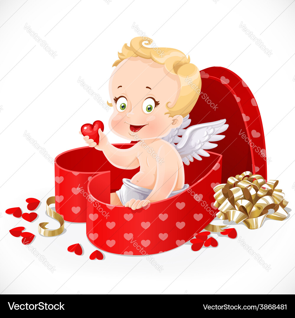 Cute cupid sitting in a gift box heart shape Vector Image