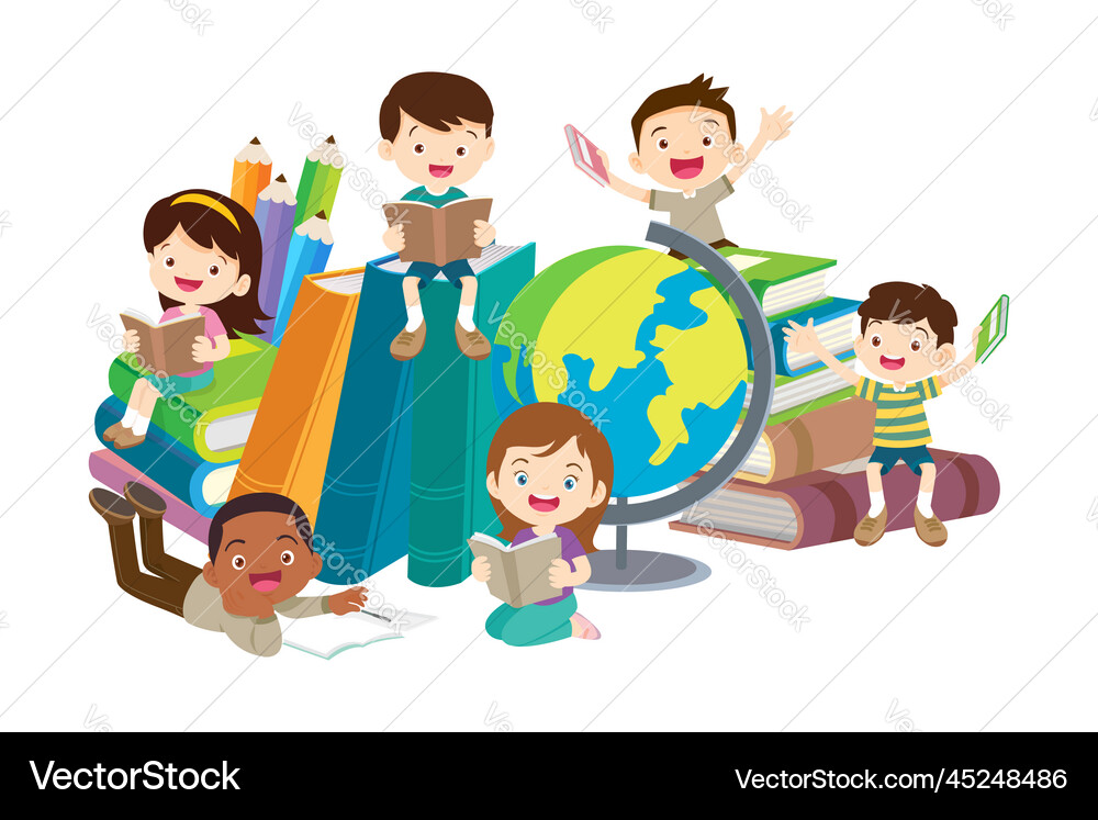 Happy children reading book back to school Vector Image