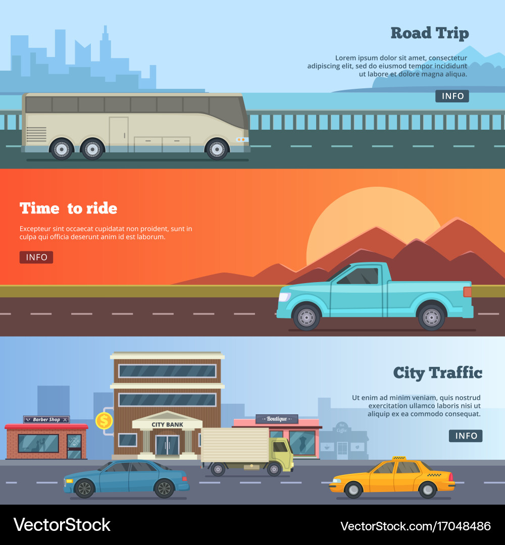 Horizontal banners with different cars road trip Vector Image