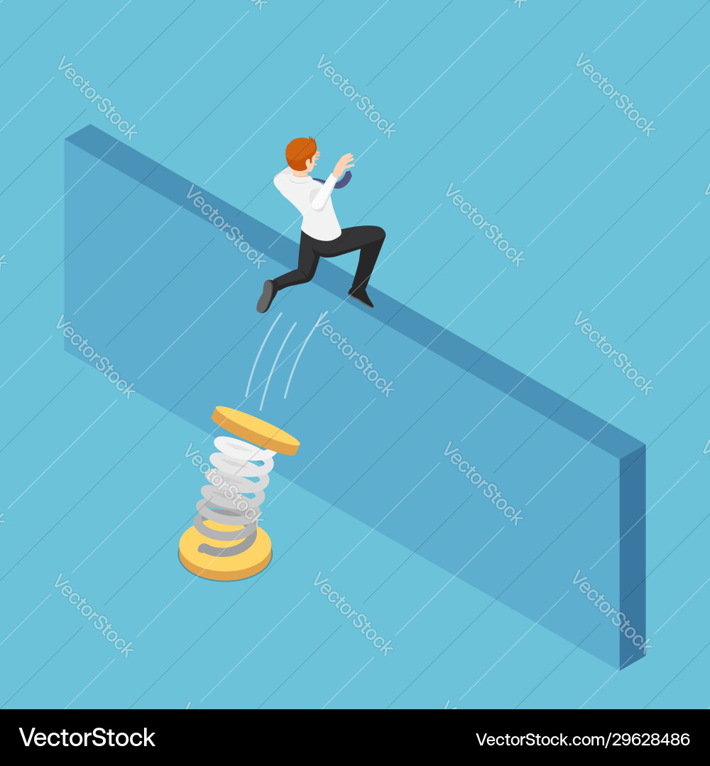 Isometric businessman use spring to jumping over Vector Image