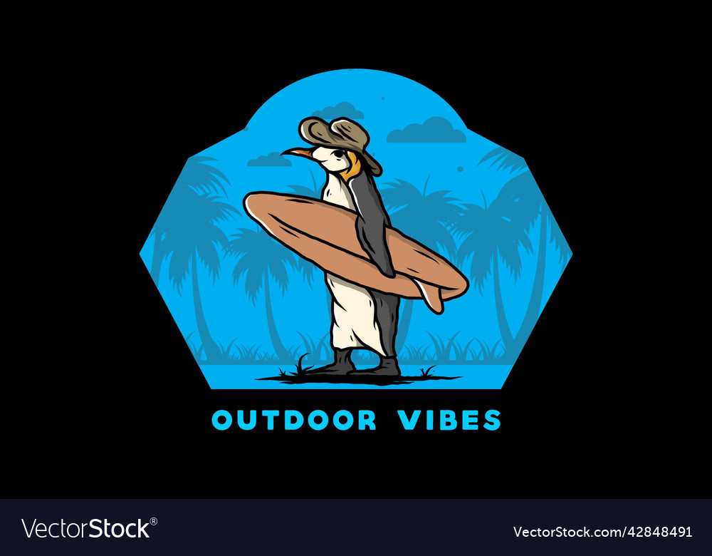 Cute penguin carrying a surfboard on the beach Vector Image