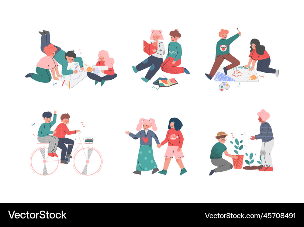 Happy kids with friends playing and having fun Vector Image