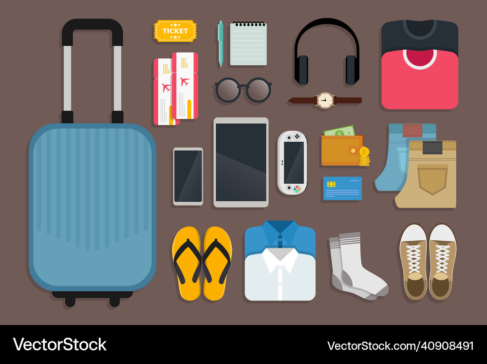 Travel kit and trip tools for joyful happy Vector Image