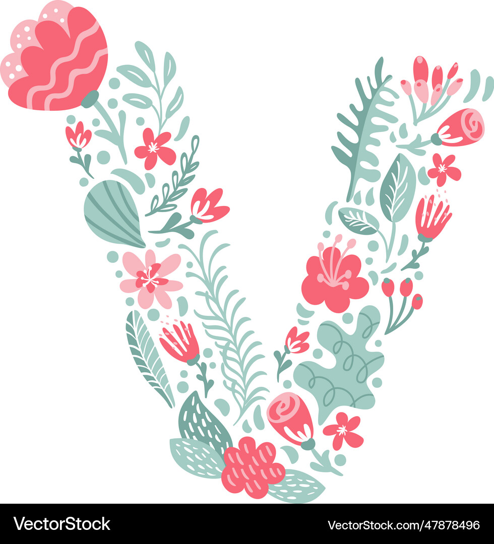 Hand drawn font letter v with flowers Royalty Free Vector