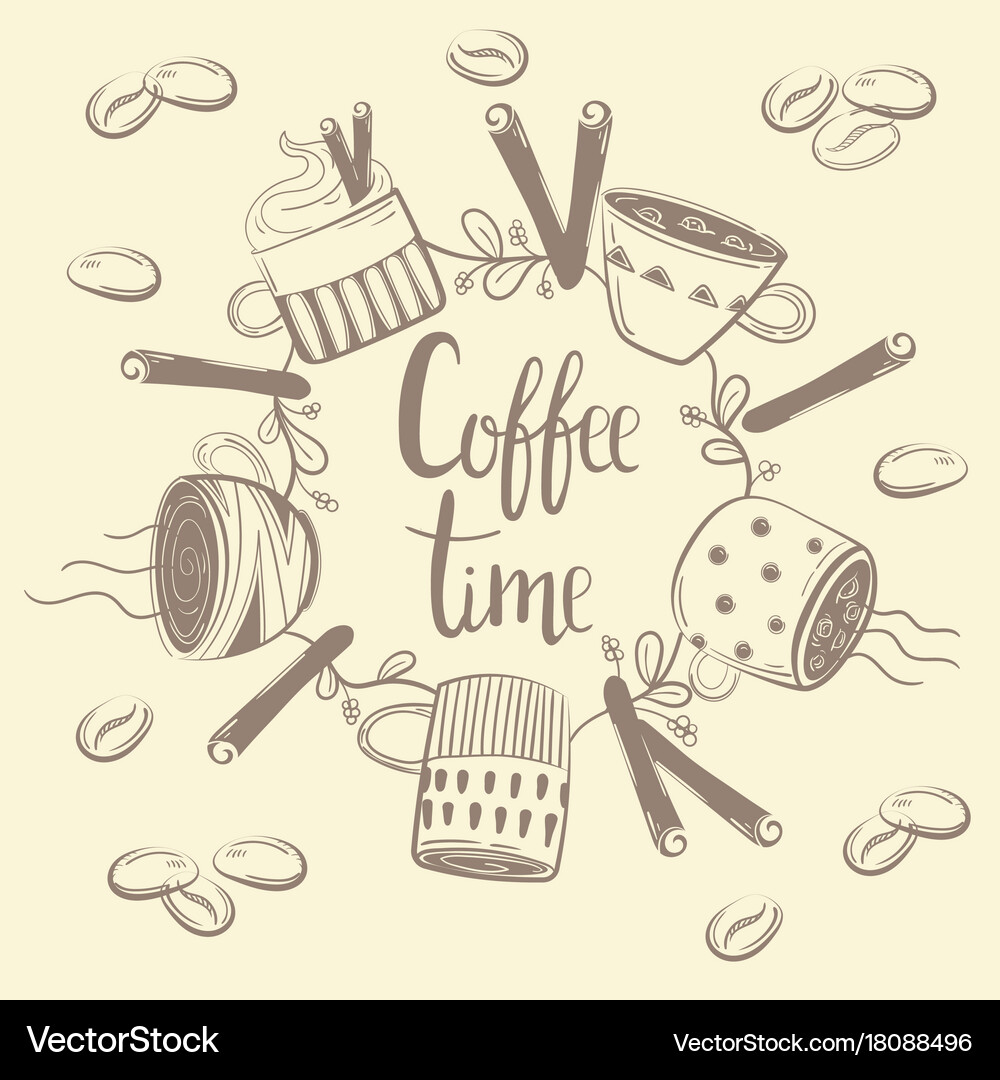 Set of different coffee cups in circle Royalty Free Vector