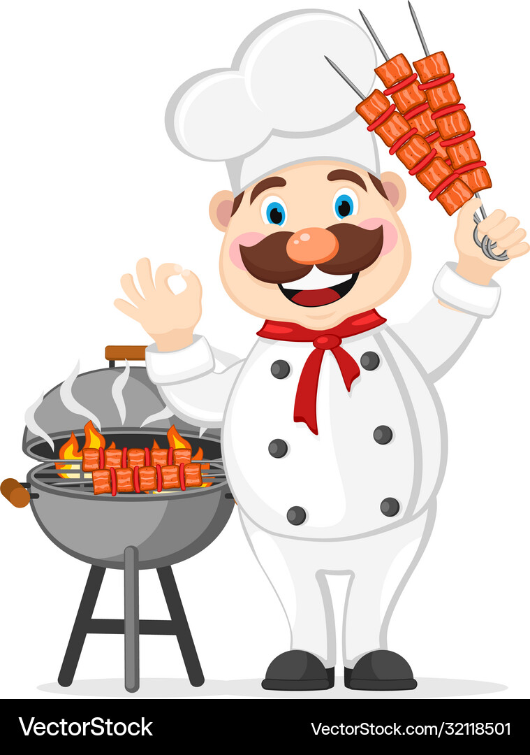 Cook smiles and cooks barbecue Royalty Free Vector Image