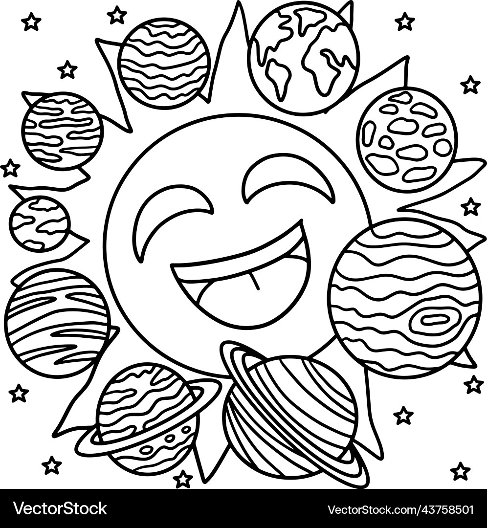 Happy sun and solar system coloring page for kids Vector Image
