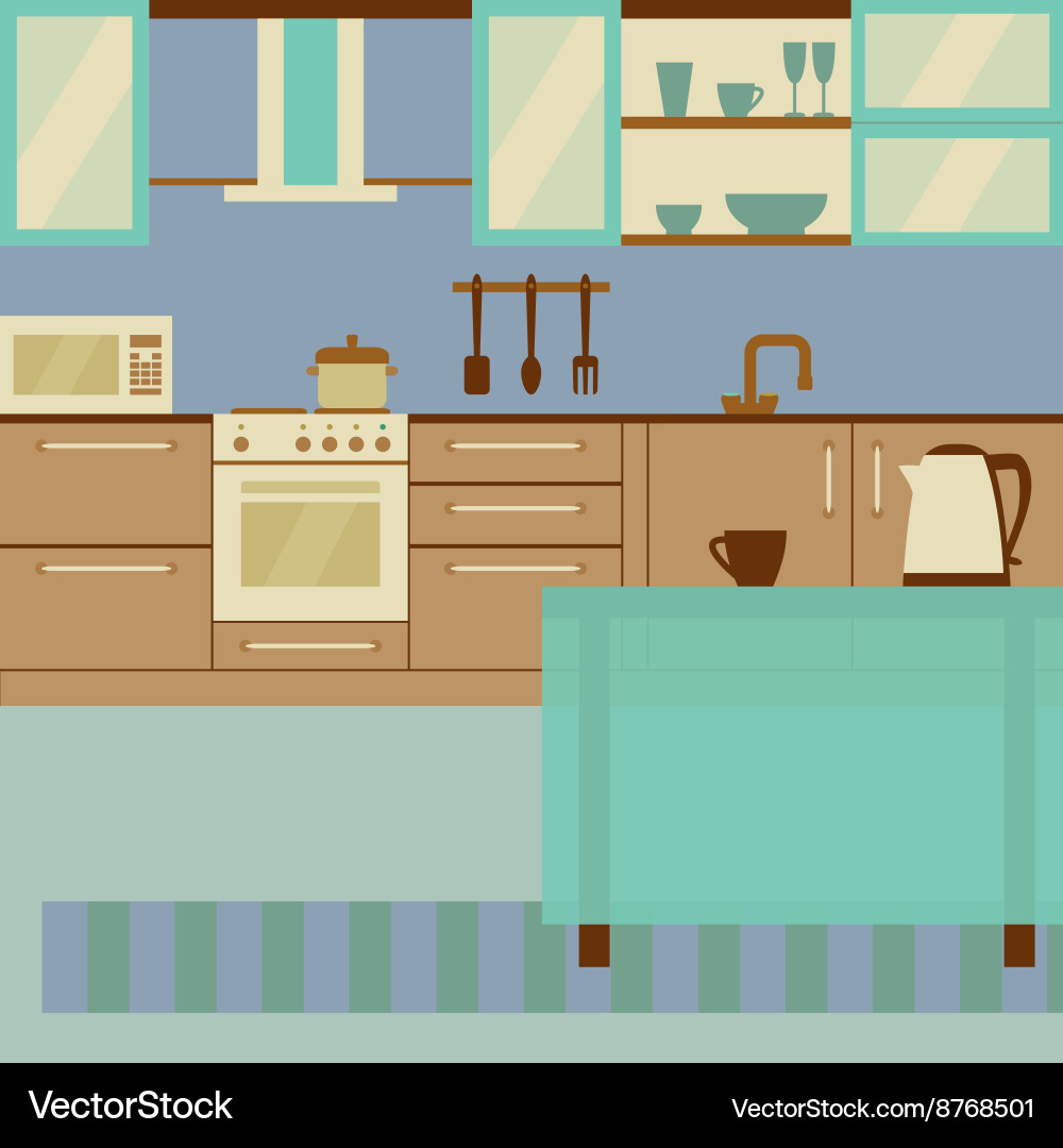 Kitchen interior flat design with home furniture Vector Image