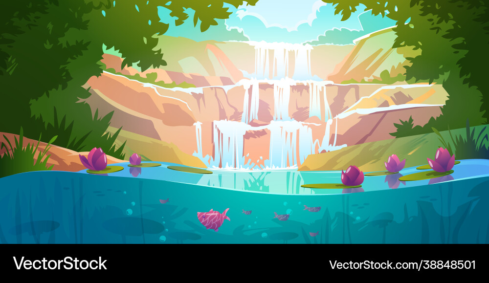 Landscape with cascade waterfall in forest Vector Image