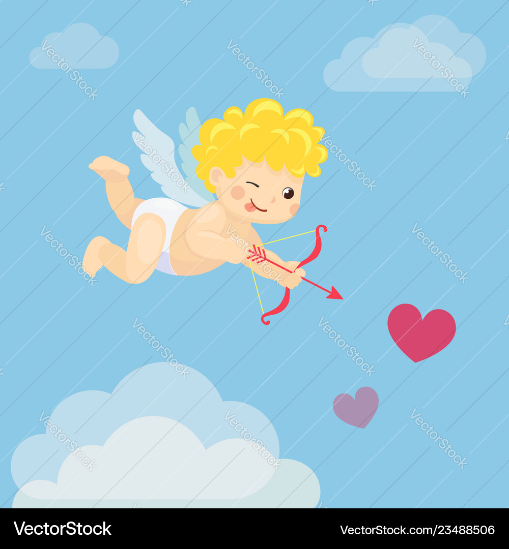 Flying cupid with bow and arrow in blue sky Vector Image