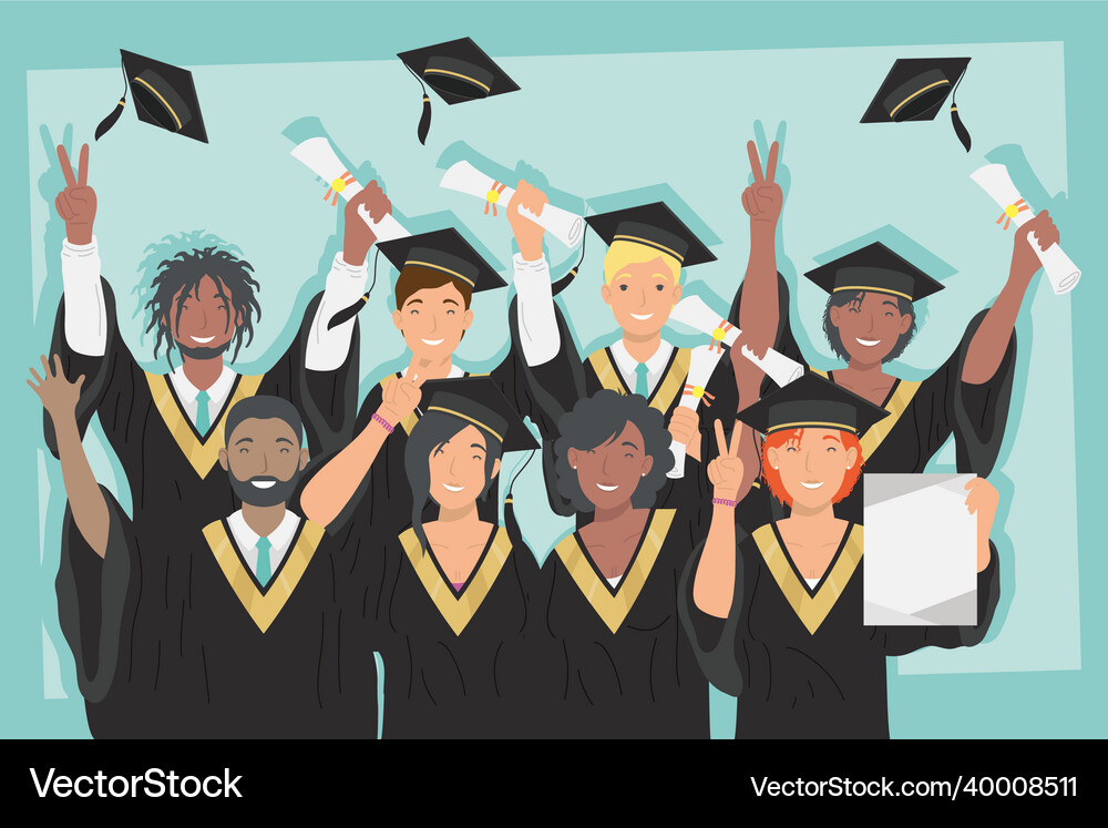 Eight students graduates characters Royalty Free Vector