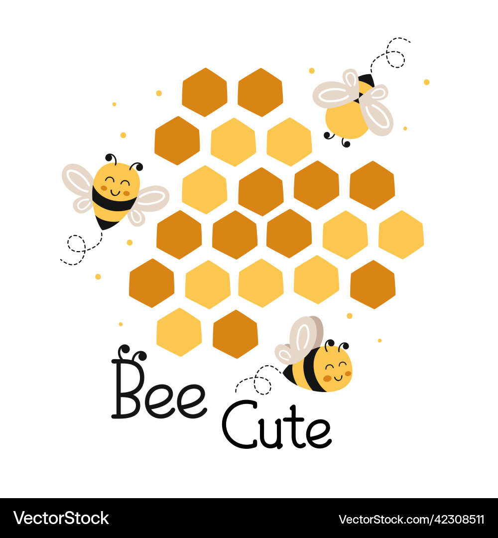 Poster with cute bees and honeycomb Royalty Free Vector