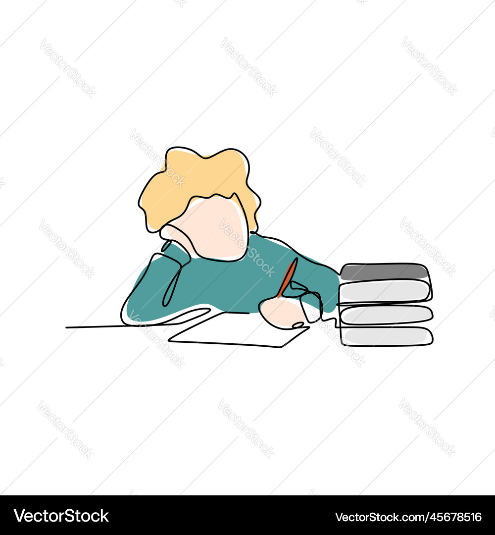 Continuous line drawing of a child writing with a Vector Image
