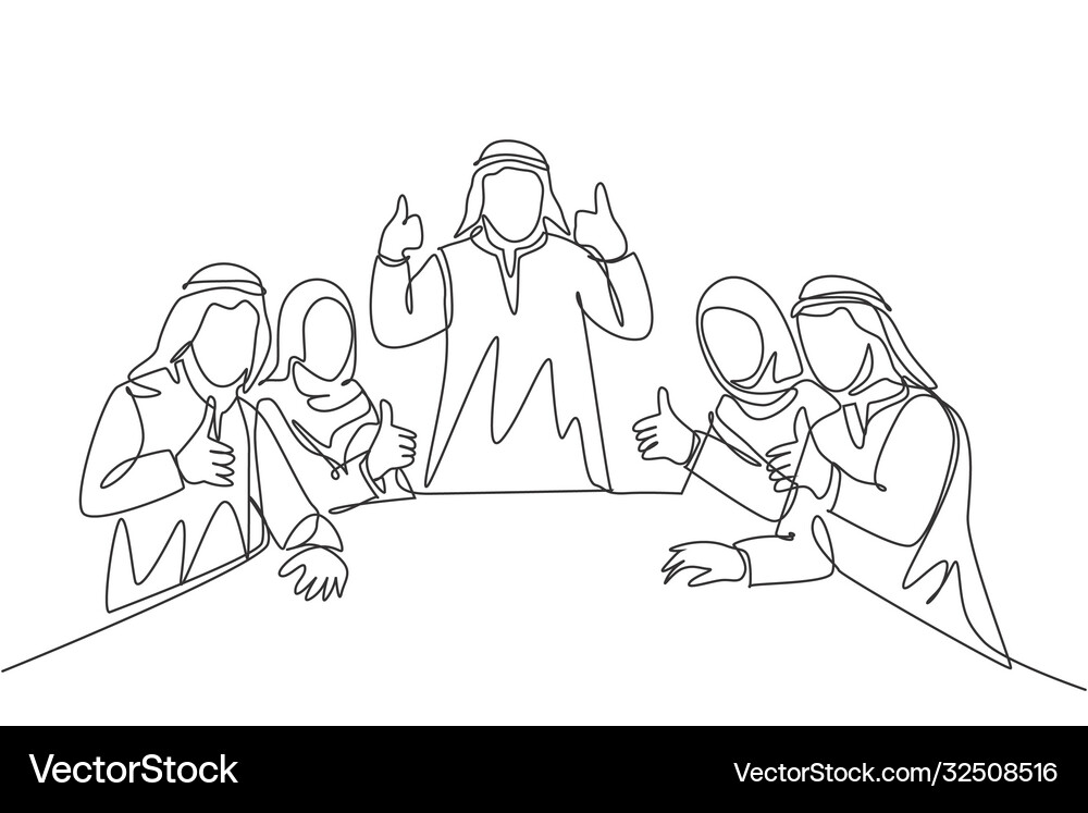 One single line drawing young happy muslim Vector Image
