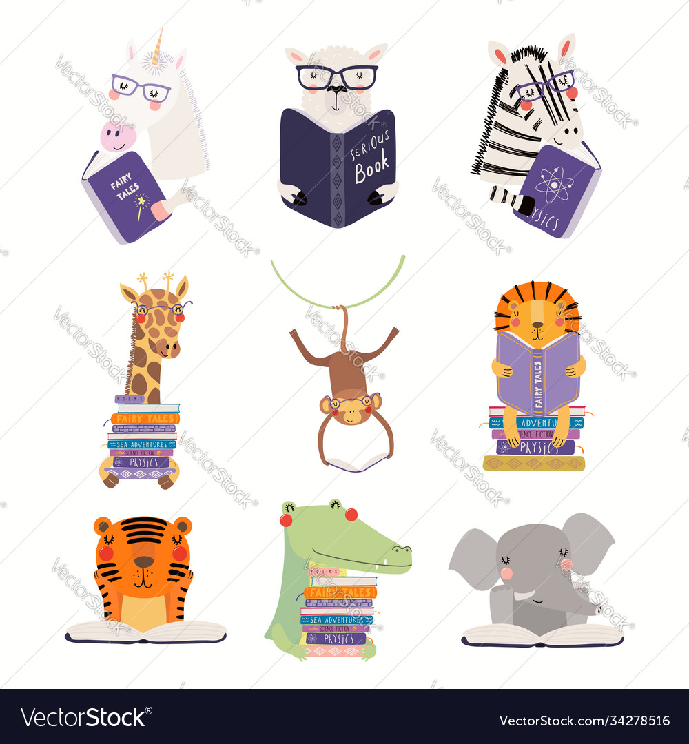 Set cute reading animals Royalty Free Vector Image
